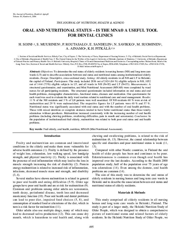 (PDF) Oral and nutritional status--Is the MNA a useful tool for dental ...