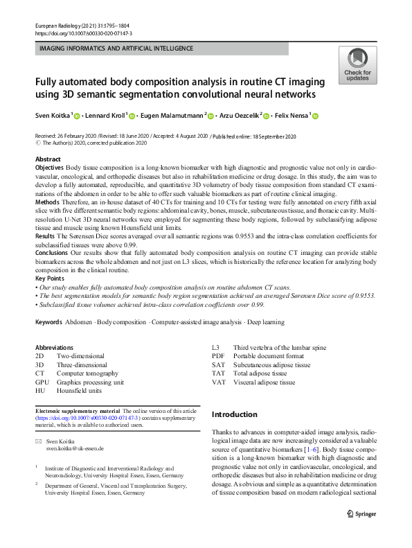 (PDF) Fully automated body composition analysis in routine CT imaging using 3D semantic ...