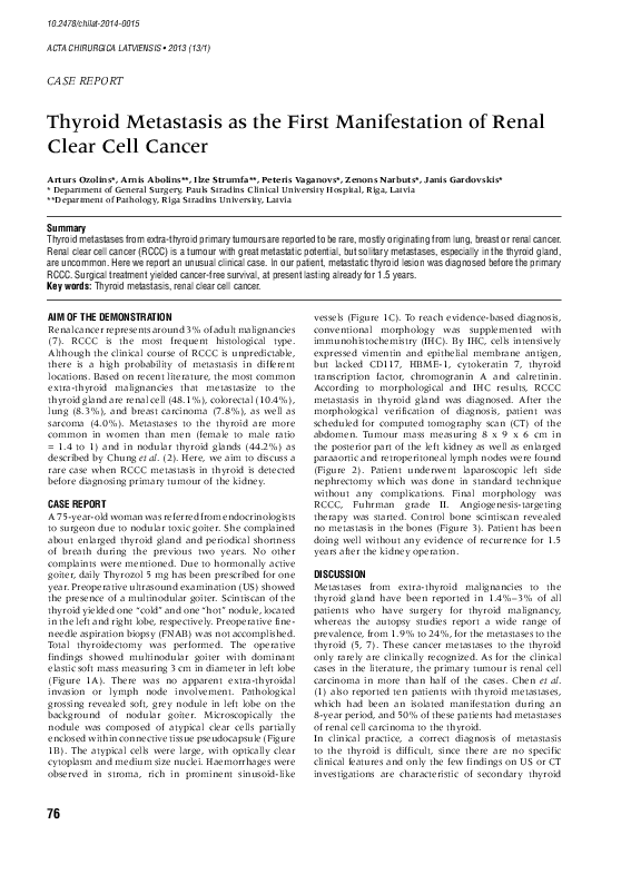 (PDF) Thyroid Metastasis as the First Manifestation of Renal Clear Cell Cancer