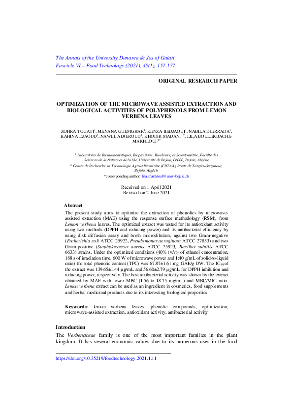 Pdf Optimization Of The Microwave Assisted Extraction And Biological Activities Of Polyphenols
