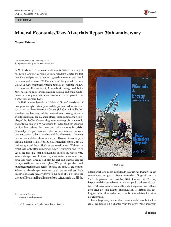 (PDF) Mineral Economics/Raw Materials Report 30th anniversary