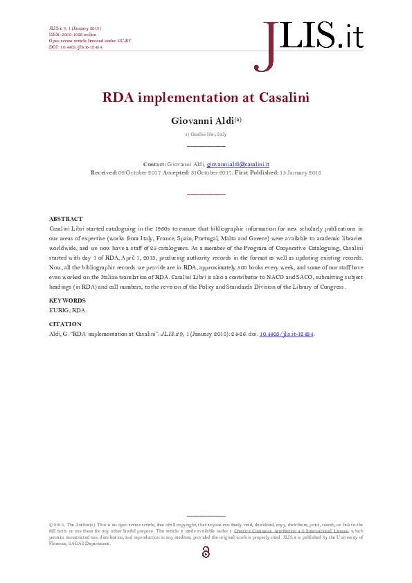 (PDF) RDA implementation at Casalini