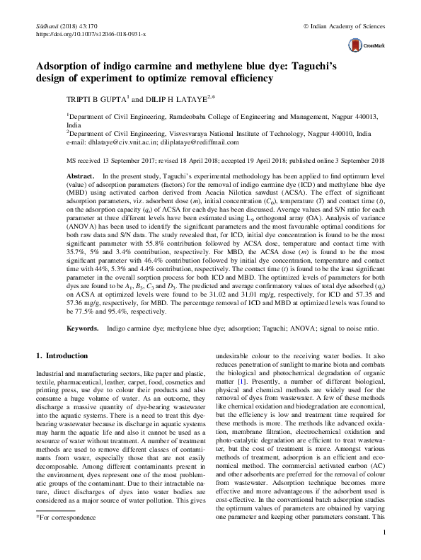 (PDF) Adsorption of indigo carmine and methylene blue dye: Taguchi’s design of experiment to ...
