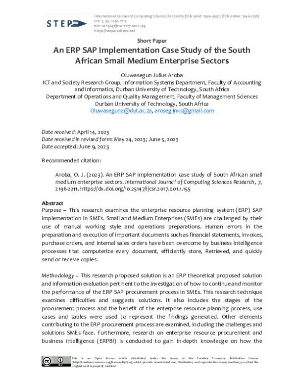(PDF) An ERP SAP Implementation Case Study of the South African Small Medium Enterprise Sectors