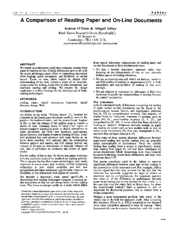 (PDF) A Comparison of Reading On-line and Paper Documents