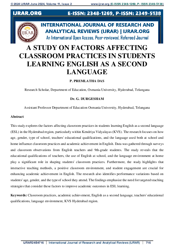 (PDF) A STUDY ON FACTORS AFFECTING CLASSROOM PRACTICES IN STUDENTS ...