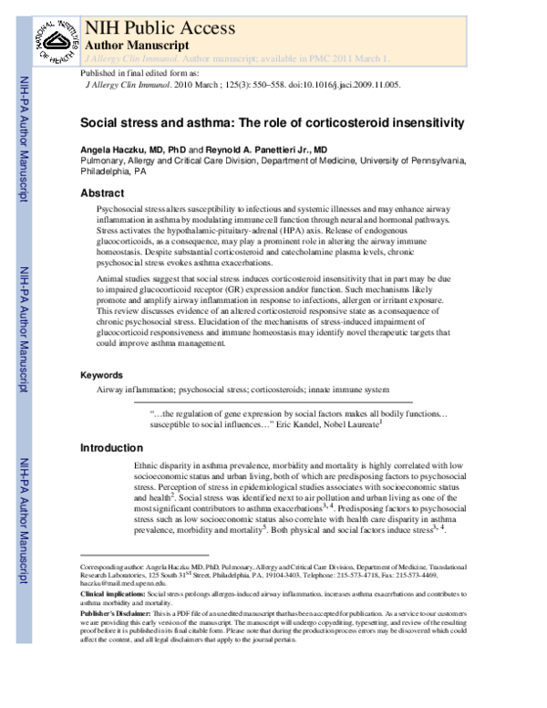 (PDF) Social stress and asthma: The role of corticosteroid insensitivity