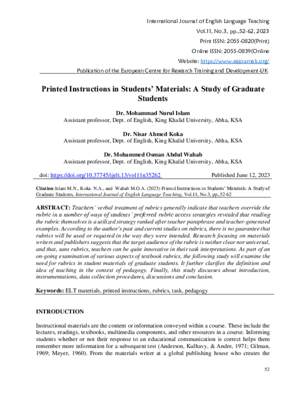 (PDF) Printed Instructions in Students’ Materials: A Study of Graduate ...