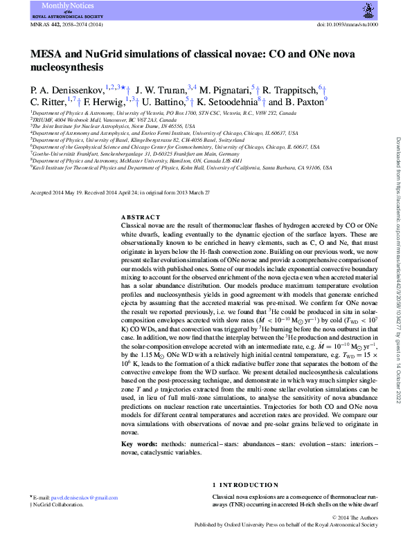 (PDF) MESA and NuGrid simulations of classical novae: CO and ONe nova ...