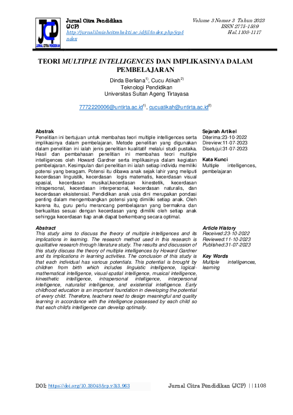 (PDF) Teori Multiple Intelligences Dan Implikasinya Dalam Pembelajaran