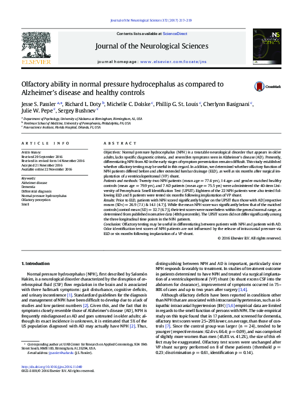 (PDF) Olfactory ability in normal pressure hydrocephalus as compared to Alzheimer's disease and ...