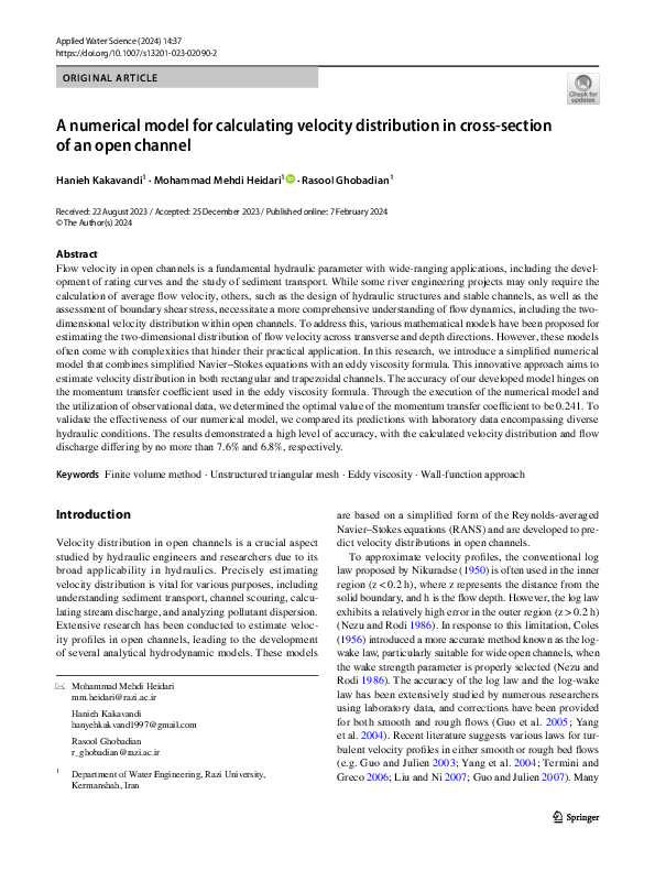 (PDF) A numerical model for calculating velocity distribution in cross-section of an open channel