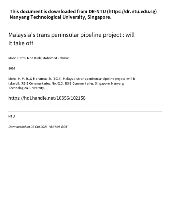 (PDF) Malaysia's trans peninsular pipeline project : will it take off