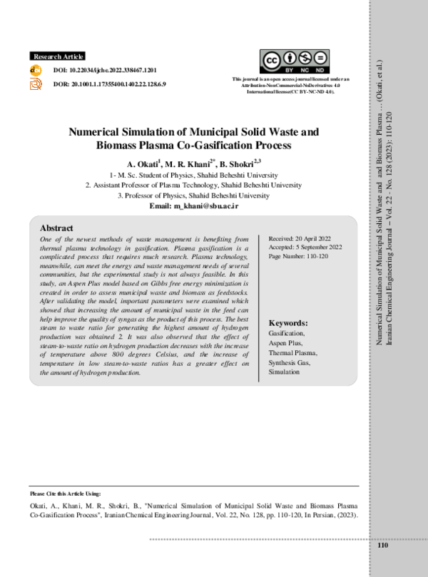 (PDF) Numerical Simulation of Municipal Solid Waste and Biomass Plasma Co-Gasification Process
