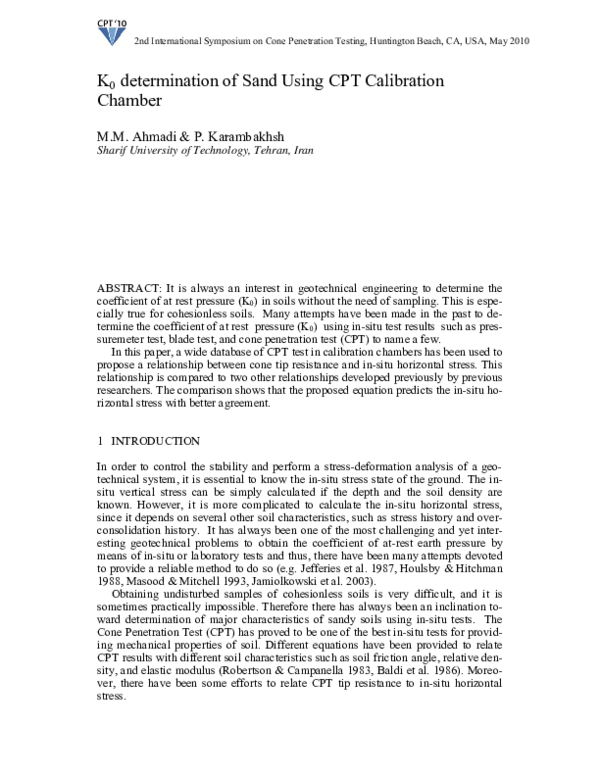 (PDF) K0 determination of Sand Using CPT Calibration Chamber