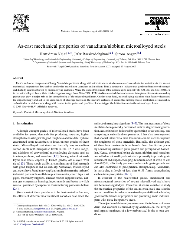 (PDF) As-cast mechanical properties of vanadium/niobium microalloyed steels