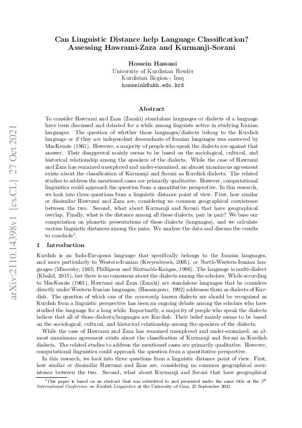 (PDF) Can Linguistic Distance help Language Classification? Assessing Hawrami-Zaza and Kurmanji ...