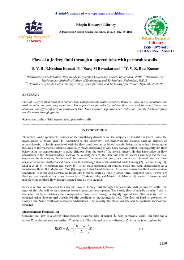 (PDF) Flow of a Jeffrey fluid through a tapered tube with permeable walls