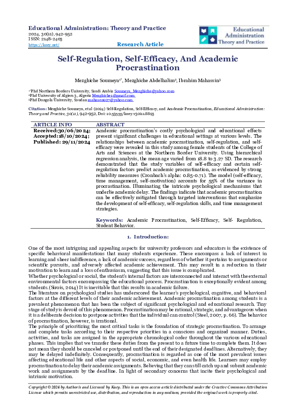 (PDF) Self-Regulation, Self-Efficacy, And Academic Procrastination
