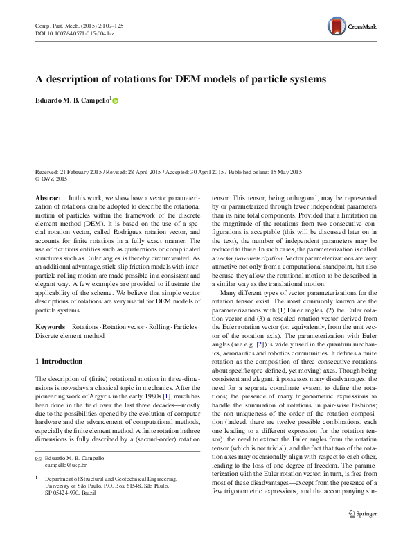 (PDF) A description of rotations for DEM models of particle systems