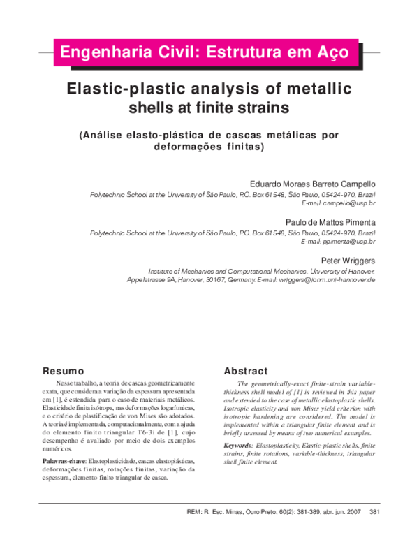 (PDF) Elastic-plastic analysis of metallic shells at finite strains
