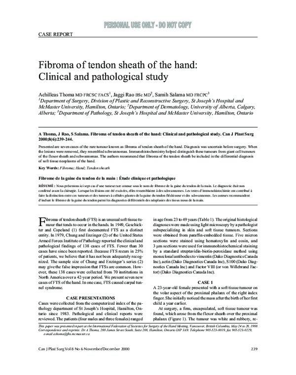 (PDF) Fibroma of tendon sheath of the hand: Clinical and pathological study