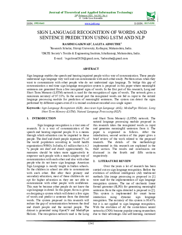 (PDF) SIGN LANGUAGE RECOGNITION OF WORDS AND SENTENCE PREDICTION USING ...