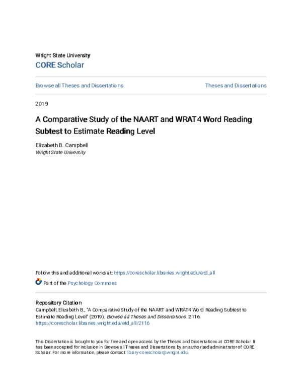 (PDF) A comparative study of the NAART and WRAT4 Word Reading subtest ...
