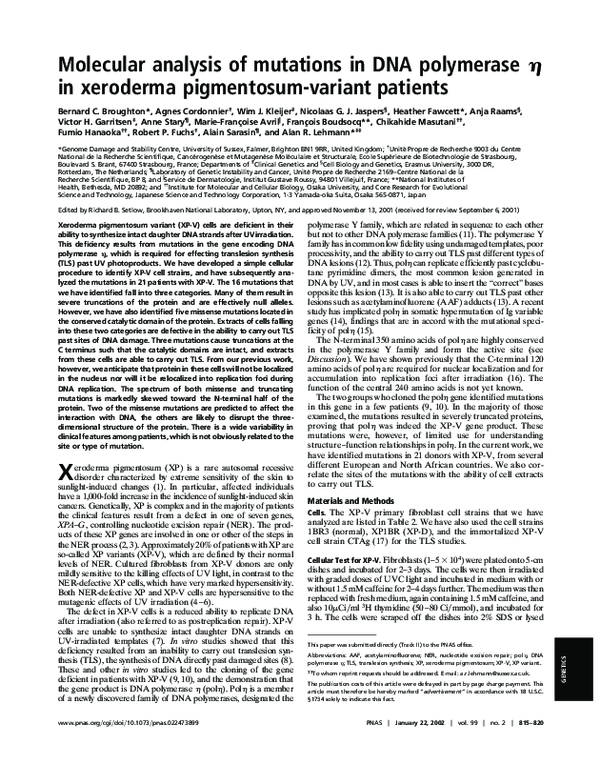 (PDF) Molecular analysis of mutations in DNA polymerase η in xeroderma ...