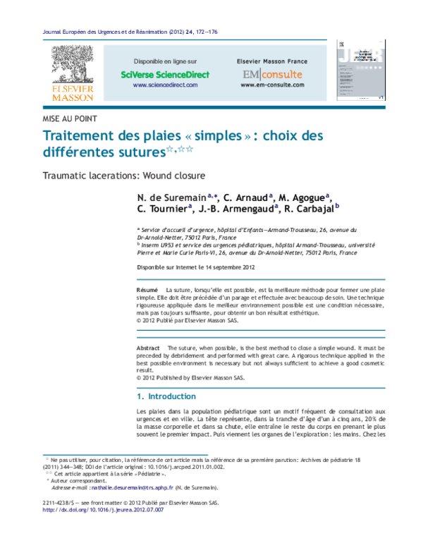 (PDF) Traitement des plaies « simples » : choix des différentes sutures