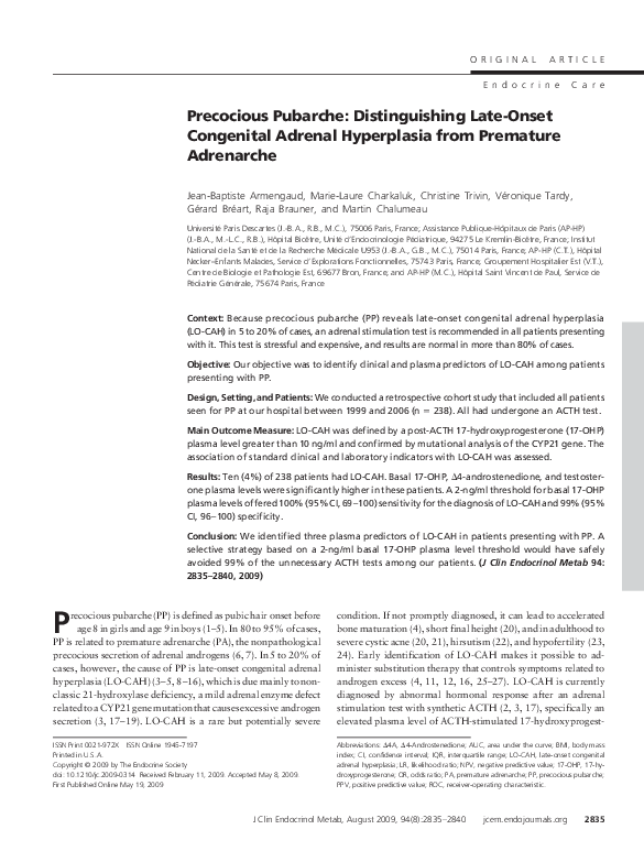 (PDF) Precocious Pubarche: Distinguishing Late-Onset Congenital Adrenal ...