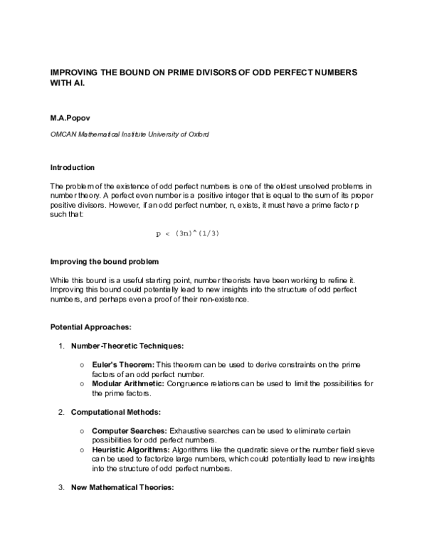 (PDF) IMPROVING THE BOUND ON PRIME DIVISORS OF ODD PERFECT NUMBERS WITH AI
