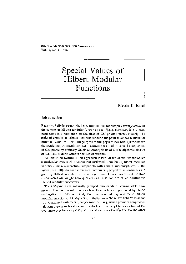 (PDF) Special Values of Hilbert Modular Functions