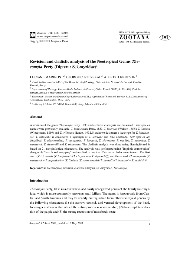 (PDF) Revision and cladistic analysis of the Neotropical Genus ...
