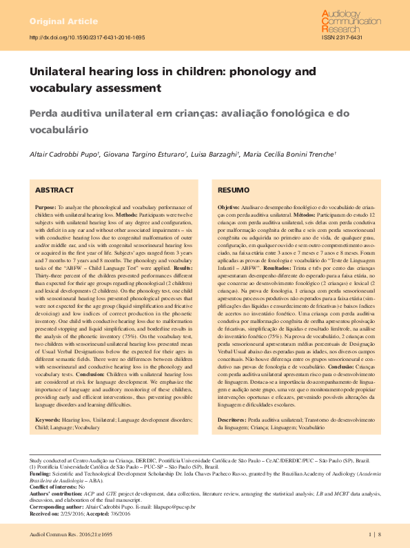 (PDF) Unilateral hearing loss in children: phonology and vocabulary ...