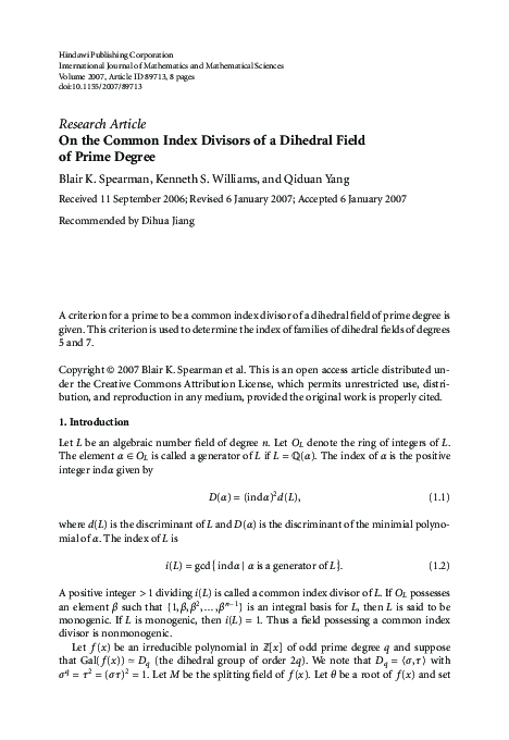 (PDF) On the Common Index Divisors of a Dihedral Field of Prime Degree