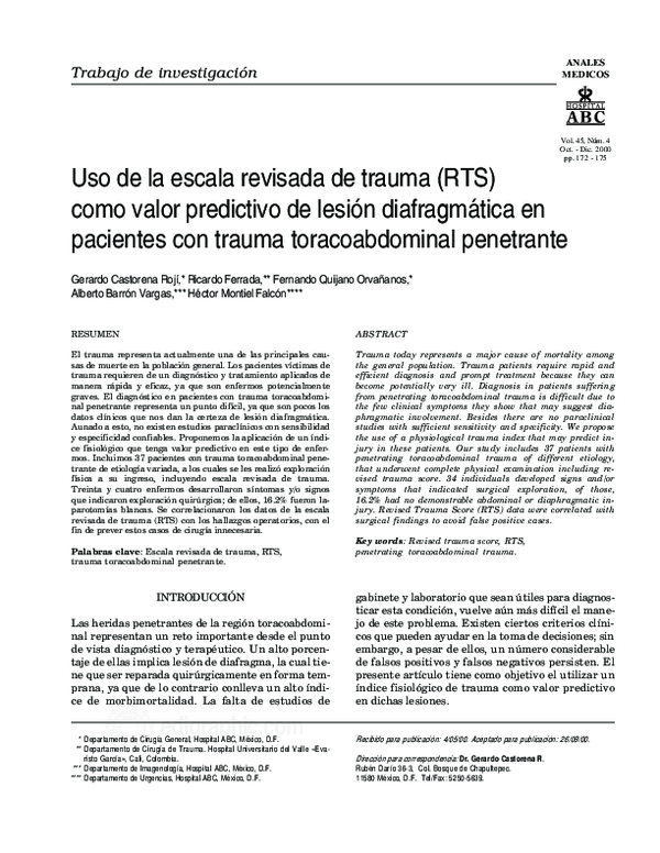 (PDF) Uso de la escala revisada de trauma (RTS) como valor predictivo ...