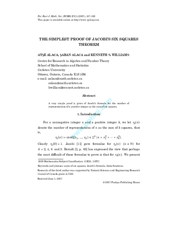 (PDF) The simplest proof of Jacobi's six squares theorem