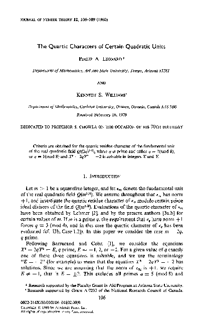 (PDF) The quartic characters of certain quadratic units
