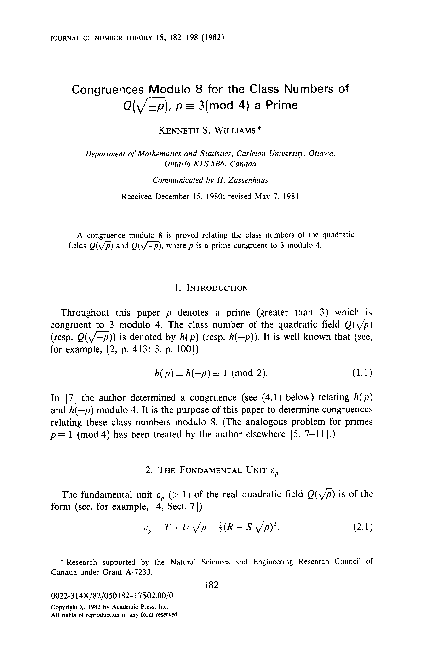 Pdf Congruences Modulo 8 For The Class Numbers Of Q √±p P ≡ 3 Mod 4