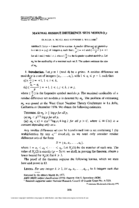(PDF) Maximal Residue Difference Sets Modulo p