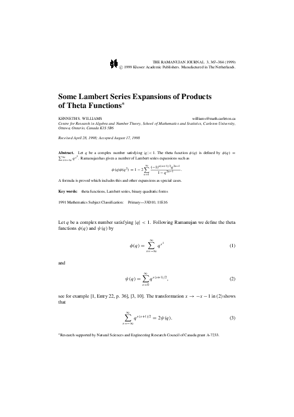 (PDF) Some Lambert Series Expansions of Products of Theta Functions