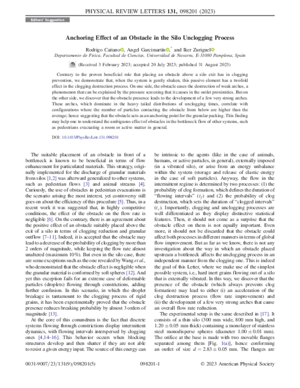 (PDF) Anchoring Effect of an Obstacle in the Silo Unclogging Process