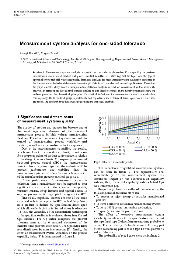 (PDF) Measurement system analysis for one-sided tolerance