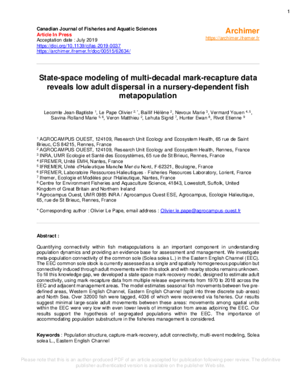 (PDF) State-space modeling of multidecadal mark–recapture data reveals low adult dispersal in a ...