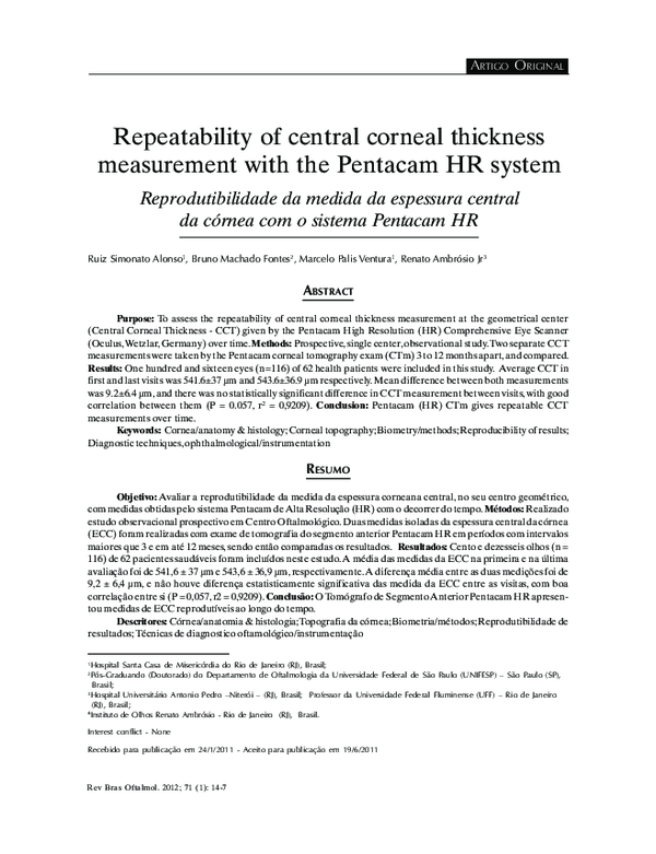 (PDF) Repeatability of central corneal thickness measurement with the ...