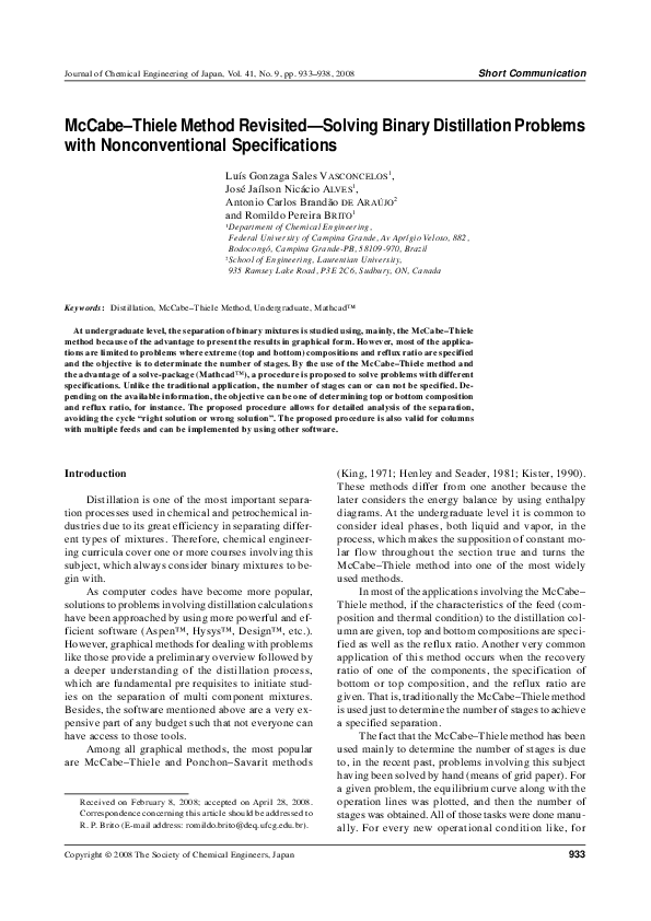 (PDF) McCabe-Thiele Method Revisited-Solving Binary Distillation Problems with Nonconventional ...