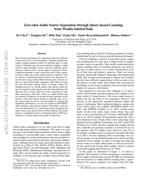 (PDF) Zero-shot Audio Source Separation through Query-based Learning from Weakly-labeled Data