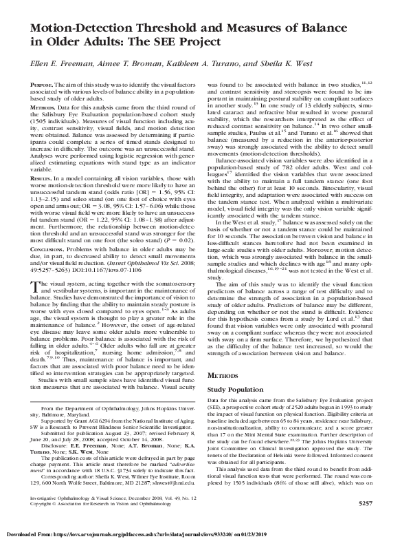 (PDF) Motion-Detection Threshold and Measures of Balance in Older Adults: The SEE Project