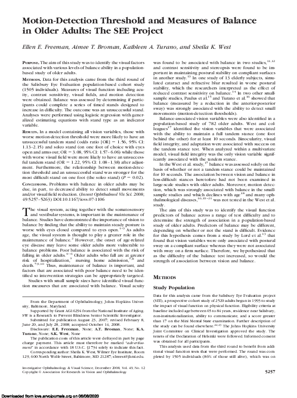 (PDF) Motion-Detection Threshold and Measures of Balance in Older Adults: The SEE Project